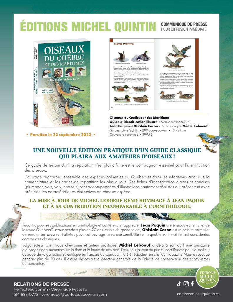 Nouvelle édition du guide des oiseaux du Québec, bientôt disponible - Perfecteau Comm